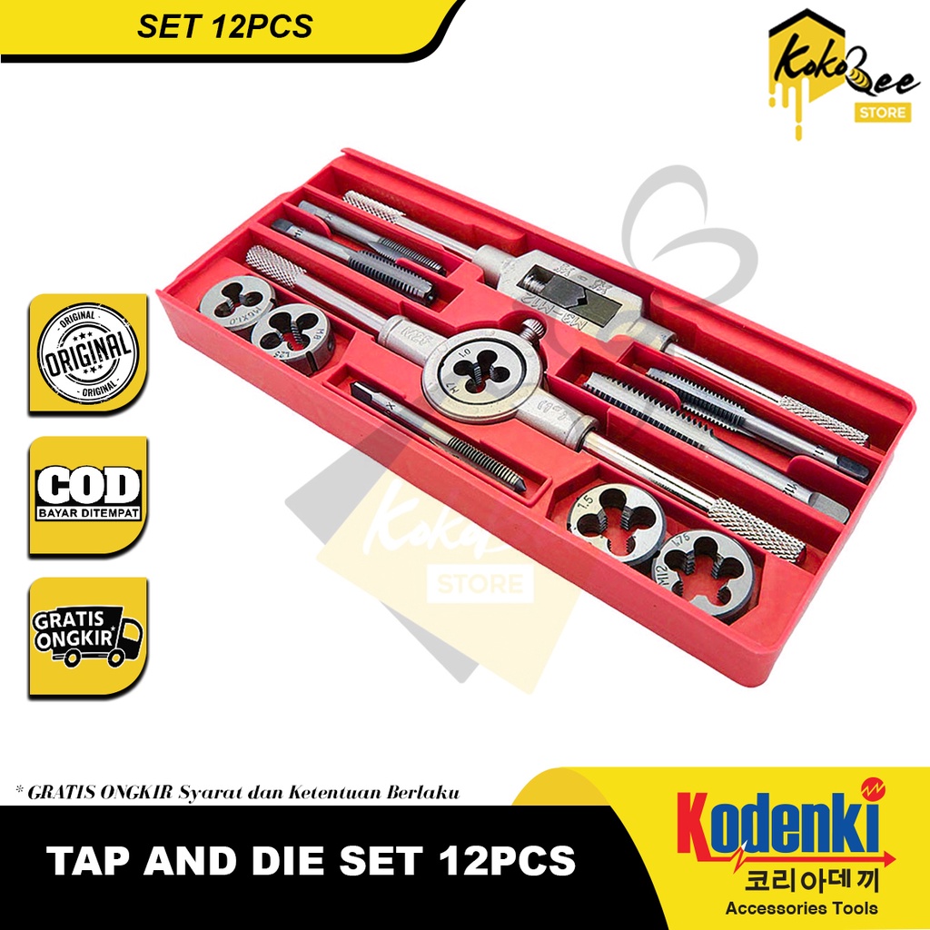 Jual 12 pcs hand tap and die set alat snai dan tap ulir baut senai die senei hand tap set kunci ...
