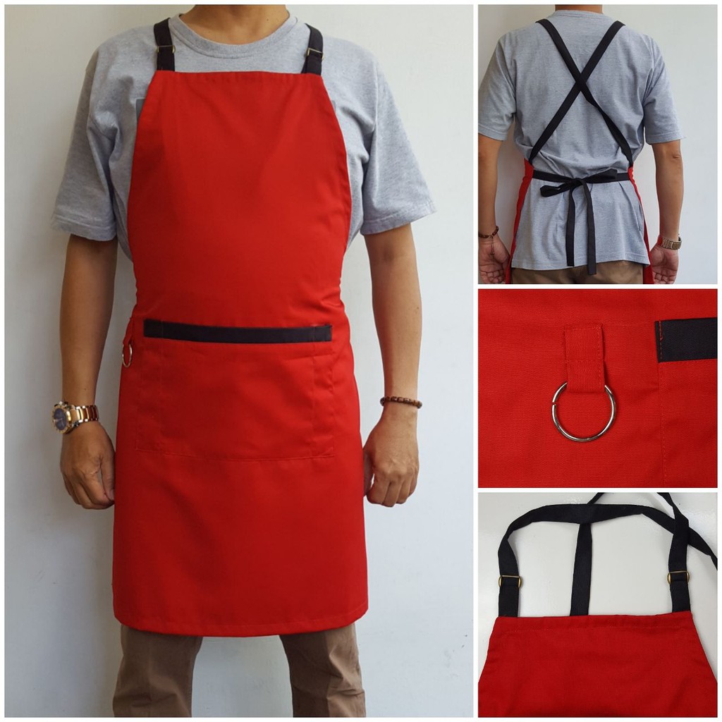 Jual Apron Barista Silang Celemek Masak Merah strip Hitam | Shopee ...