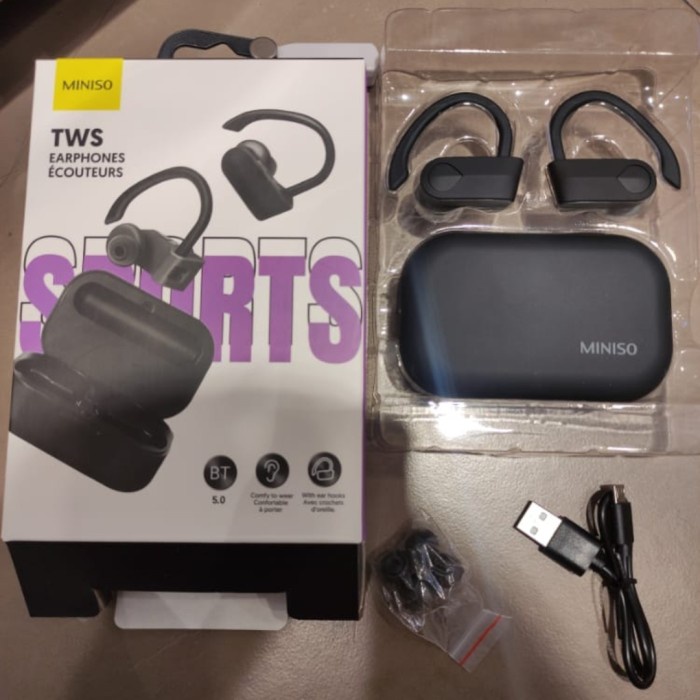 Jual Miniso TWS Earphones with Ear Hooks for Sports Model:038T Wireless ...