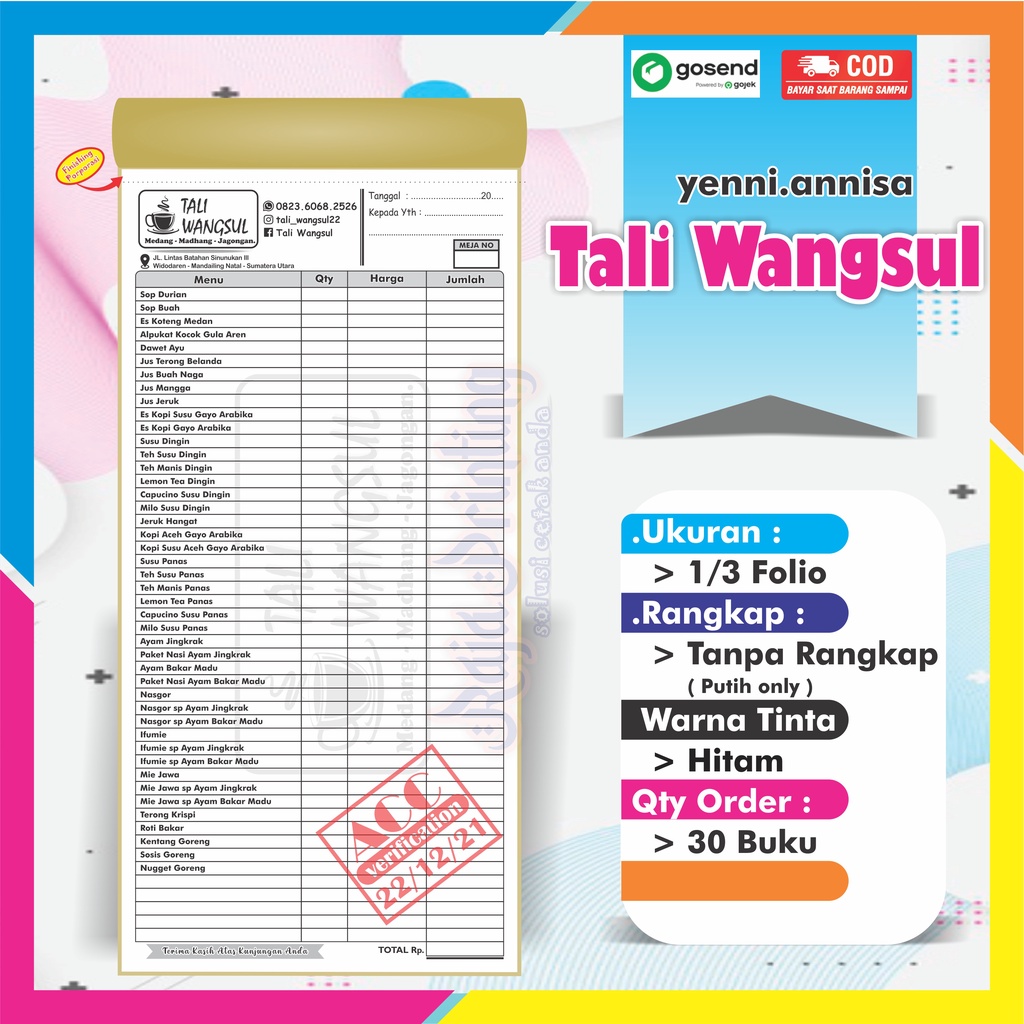 Jual Cetak Nota Custom 1/3 tanpa rangkap/ Nota Menu / Makanan List ...
