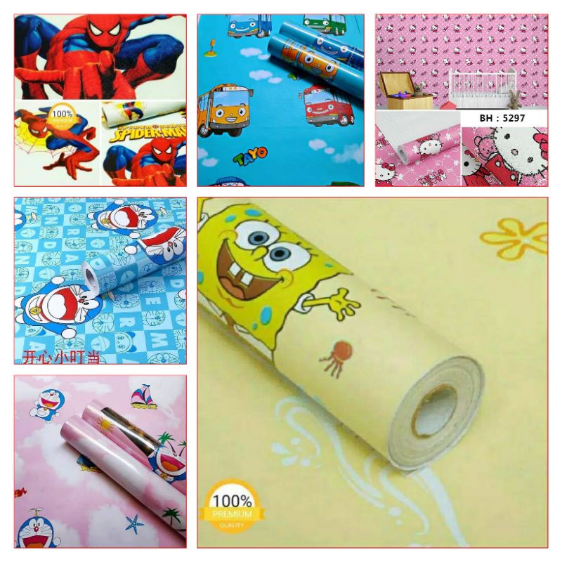 Jual Wallpaper Dinding Stiker Dinding Pink Karakter Anak Anak Motif Hello Kitty Doraemon ...