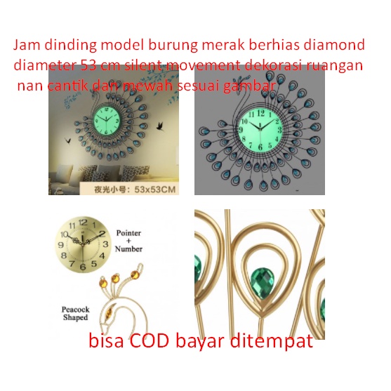 Jual Jam dinding model burung merak berhias diamond diameter 53 cm ...
