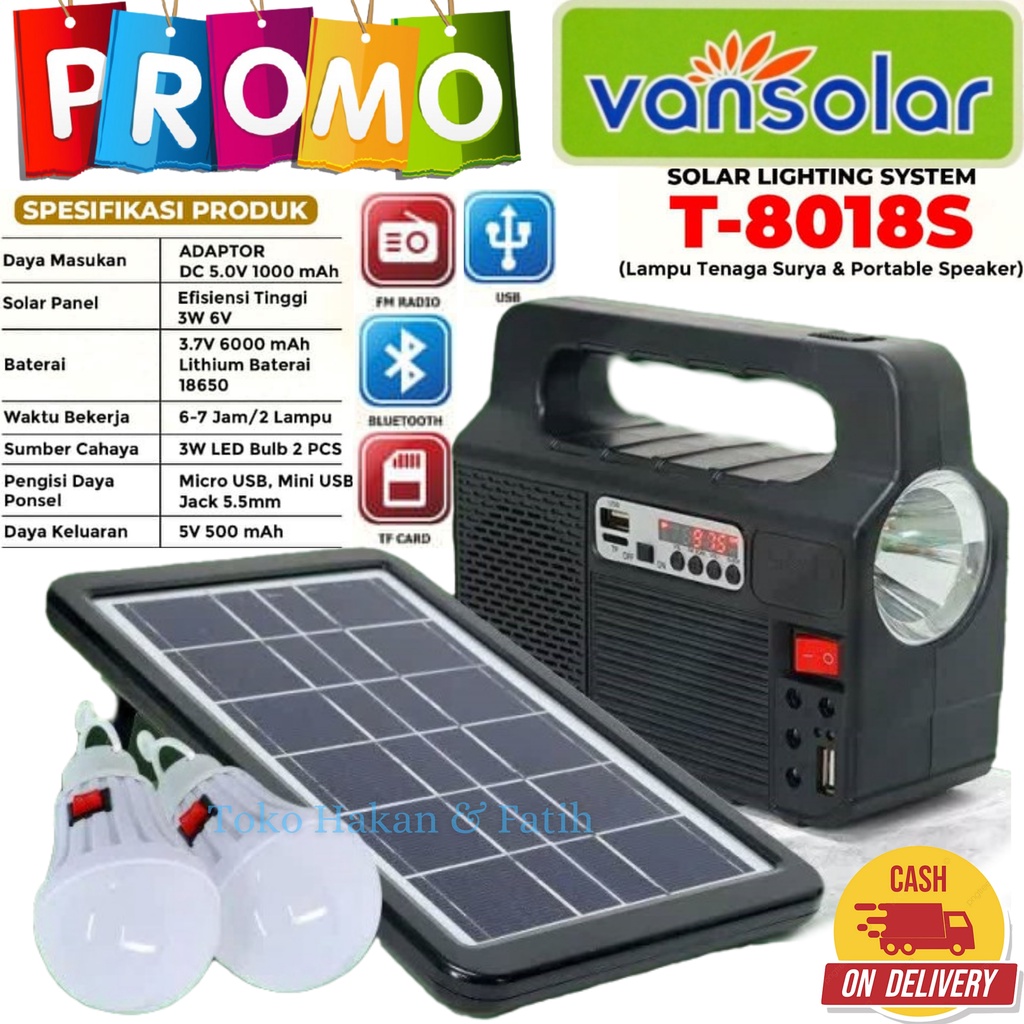 Jual Solar Light Lampu Panel Surya Vansolar T-8018S Dengan 2 Bohlam ...