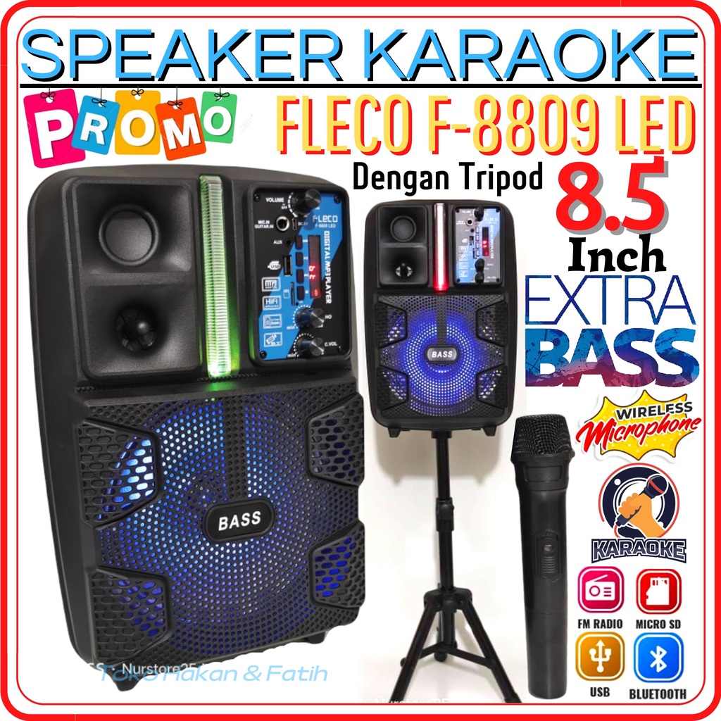 Jual SPEAKER BLUETOOTH FLECO F 8809 LED 8'5 INCH FREE MIC WIRELESS KARAOKE + REMOTE + STAND ...