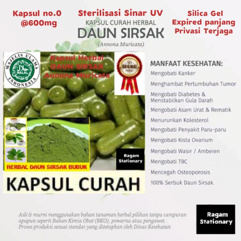 Jual Kapsul bubuk Daun Sirsak herbal jamu obat curah 100 butir | Shopee ...