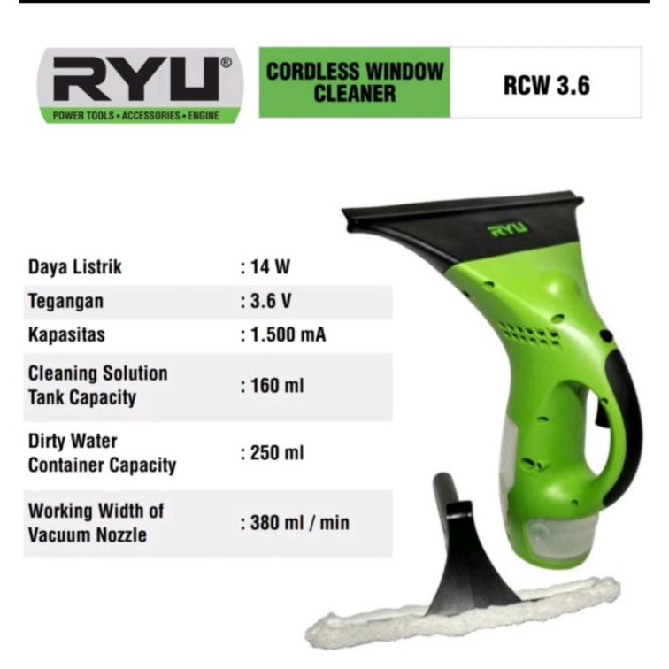 Jual MESIN PEMBERSIH KACA LISTRIK RYU RCW 3,6 / CORDLESS WINDOW CLEANER ...