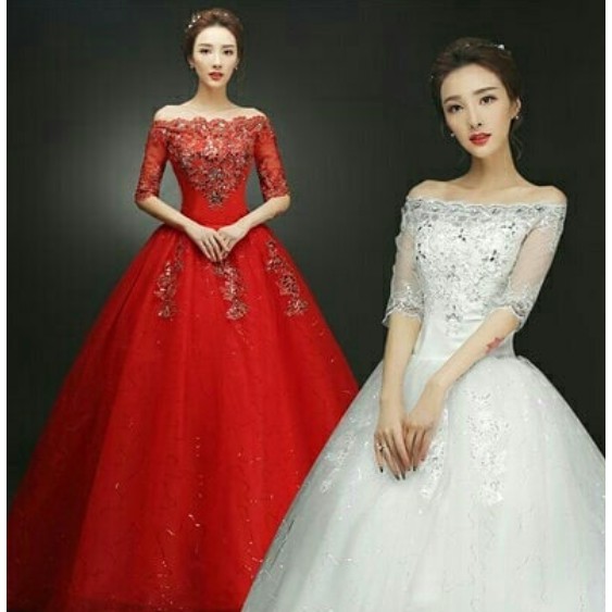 Jual gaun pengantin gaun pesta pernikahan off shoulder bordir renda 1/2 ...
