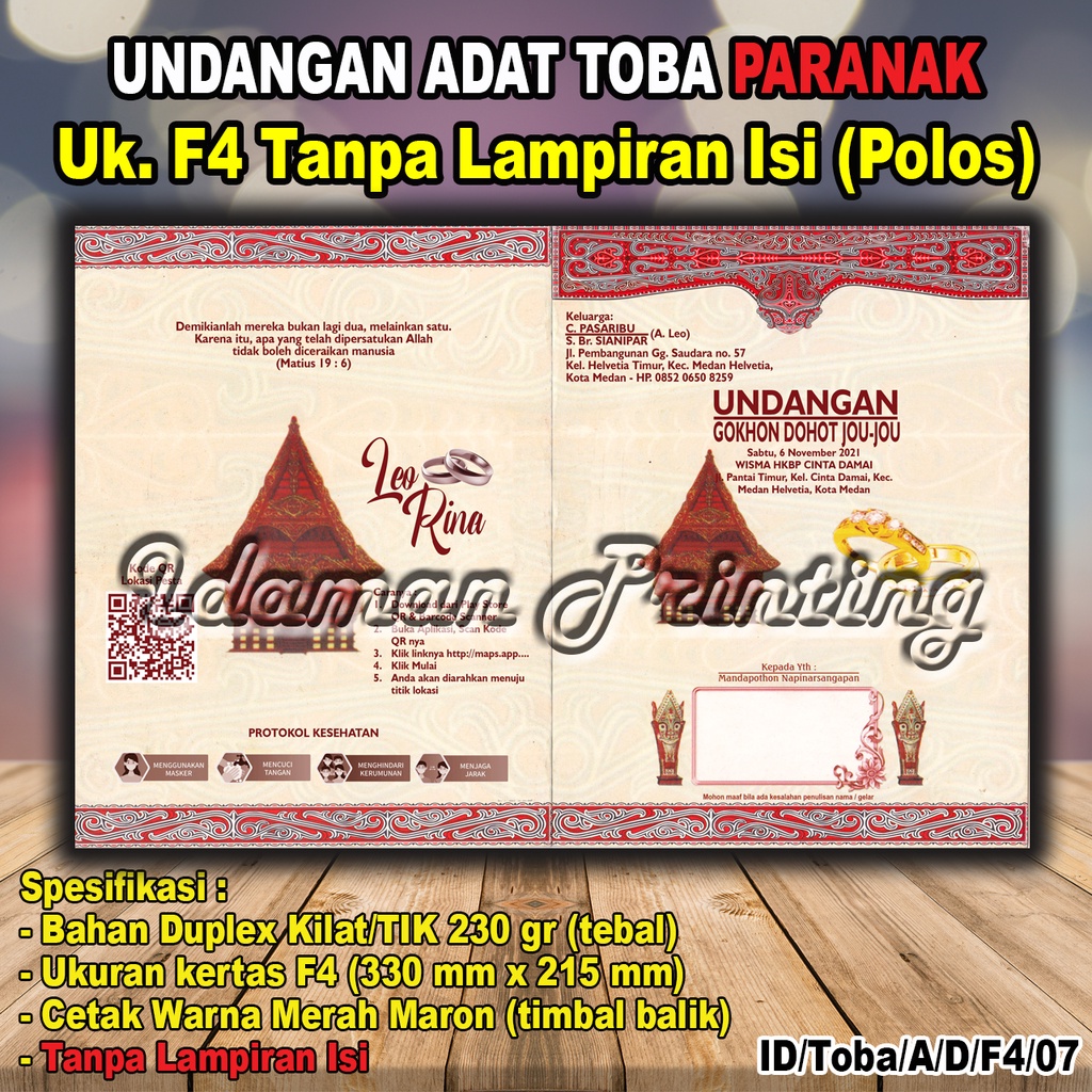 Jual Undangan Blangko Adat Toba Paranak F4 Timbal Balik (Polos ...