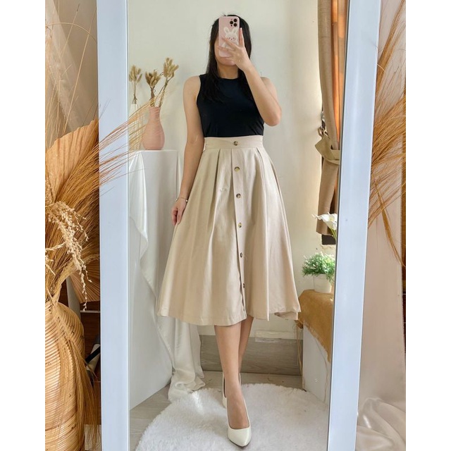 Jual Nala Korean Midi Button Skirt Putih Rok Hitam Cream A Line Wanita ...