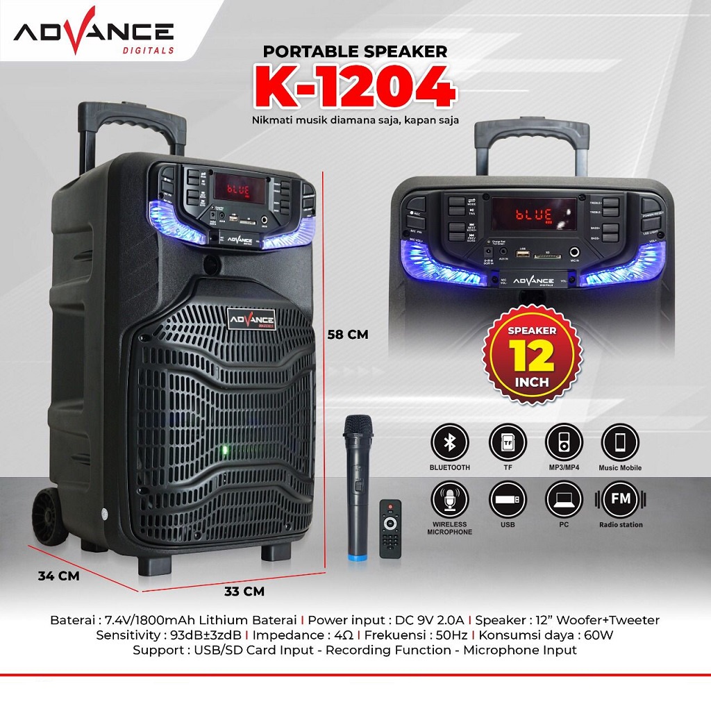 Jual Advance K1204 Speaker Meeting Karaoke Bluetooth 12 Inch Free 1 Mic Wireless K-1204 | Shopee ...