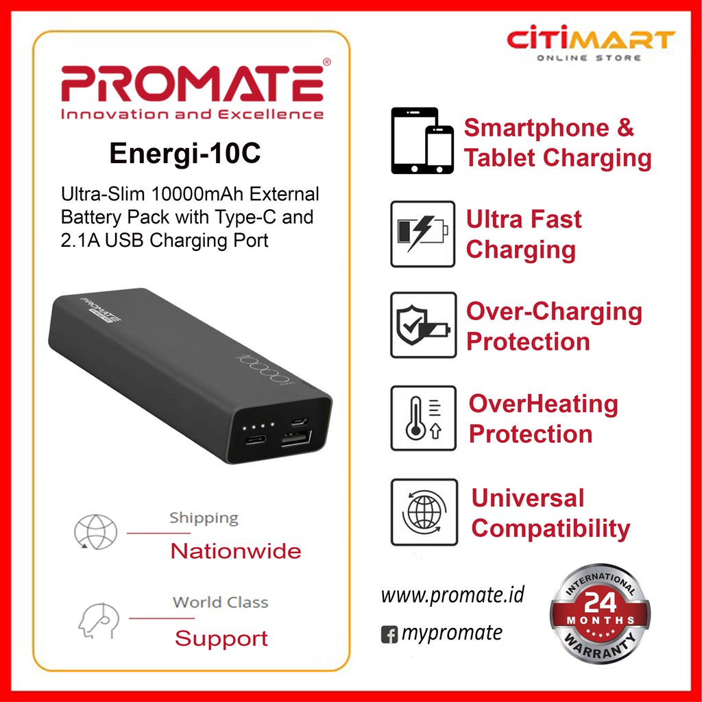 Jual Promate PowerBank Energi-10C Ultra-Slim 10000mAh External Battery ...