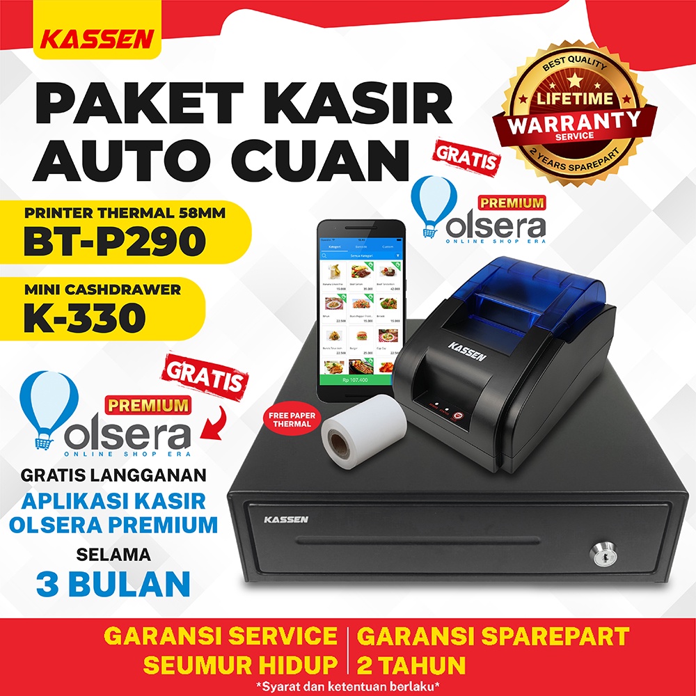 Jual PAKET KASIR BISNIS UMKM PRINTER THERMAL KASSEN BT-P290 + CASDRAWER K-330 + OLSERA PREMIUM ...