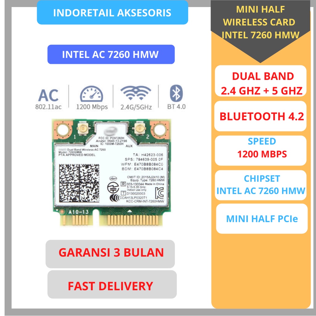 Jual Gigabit Wifi Card Wireless Intel AC 7260 HMW Bluetooth HALF MINI PCIE Dual Band Wifi 1200 ...