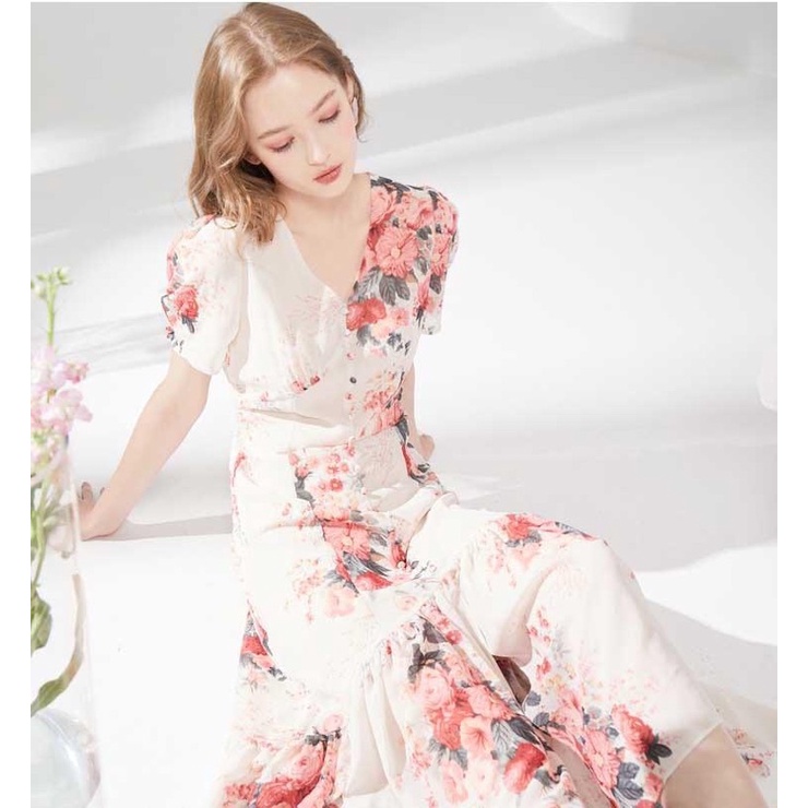 Jual AZURA FLORAL DRESS KOREAN VINTAGE MIDI CASUAL KOREA FLOWER BUNGA ...