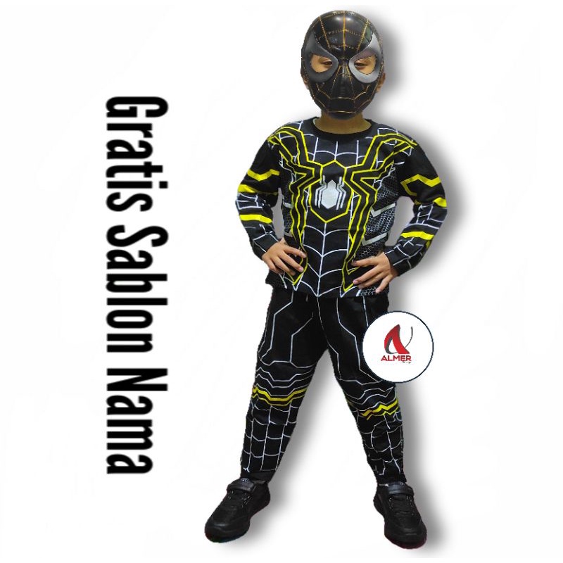 Jual KOSTUM SPIDERMAN HITAM BERTOPENG GRATIS SABLON NAMA KAOS SETELAN ...