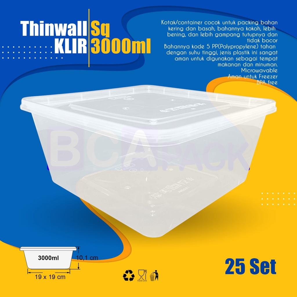 Jual Thinwall Klir 3000 Ml Square Anti Pecah Kotak Makan Isi 25