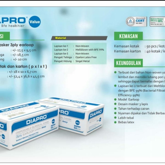 Jual MASKER DIAPRO ORIGINAL EARLOOP SURGICAL MASK 3PLY ( READY ...