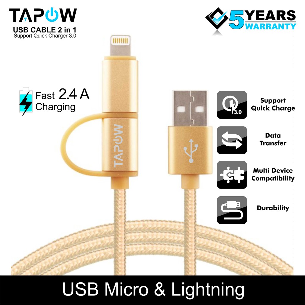 Jual KABEL DATA FAST CHARGING 2 IN 1 MICRO USB TYPE-C TAPOW CB065-GLD ...