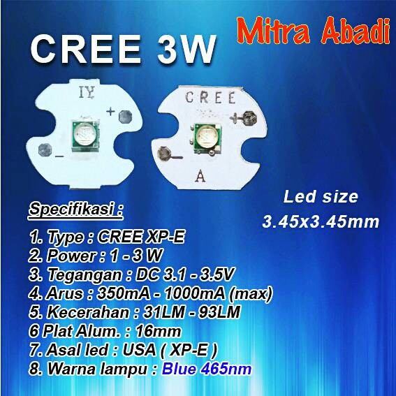 Jual HPL CREE 3 Watt Biru/Blue 465 NM XPE Diameter 16 mm 20 mm | Shopee ...