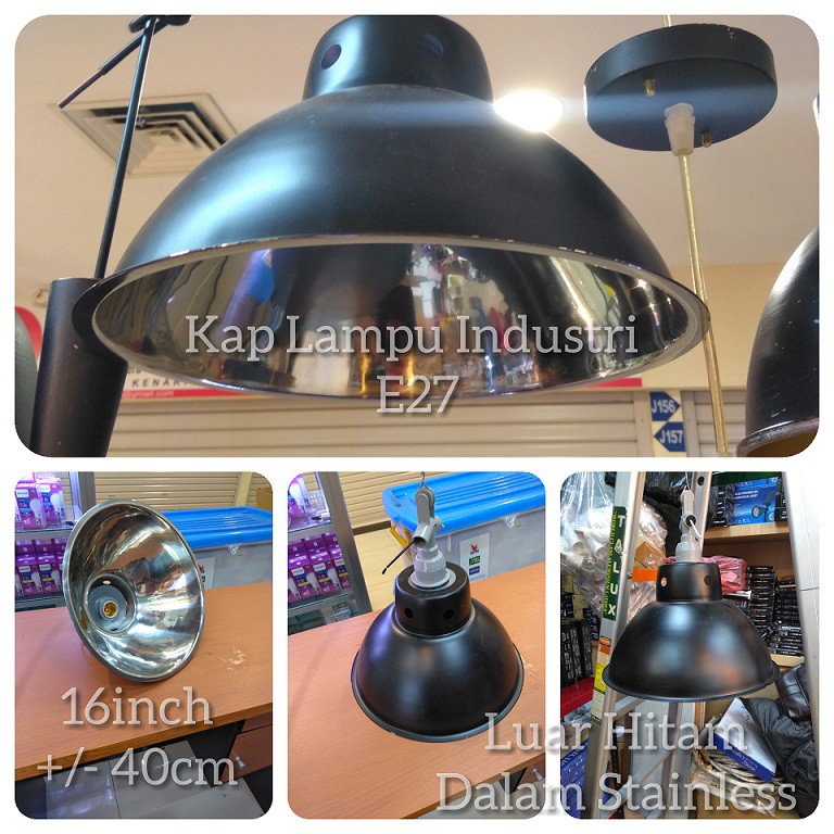 Jual Kap Lampu Gantung Industri Hitam Stainless Fitting E27 40cm 40 cm 16inci 16 inci | Shopee ...