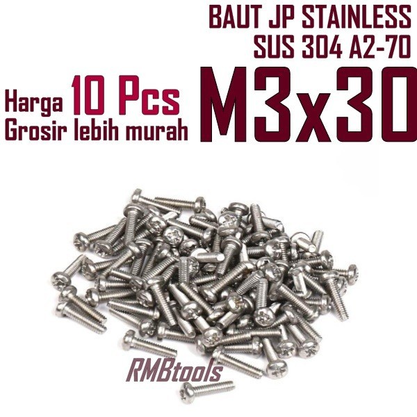Jual (10pcs) Baut JP M3 x 30 Stainless Steel / Baut JP Stainless M3 x 30mm SUS 304 | Shopee ...