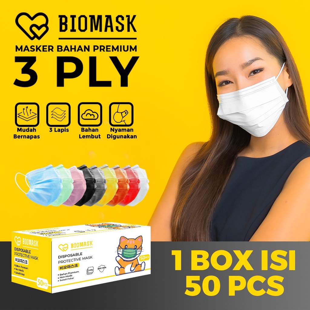 Jual BIOMASK - Masker 3ply 1Box isi 50pcs Premium PUTIH / Biru / Hitam ...