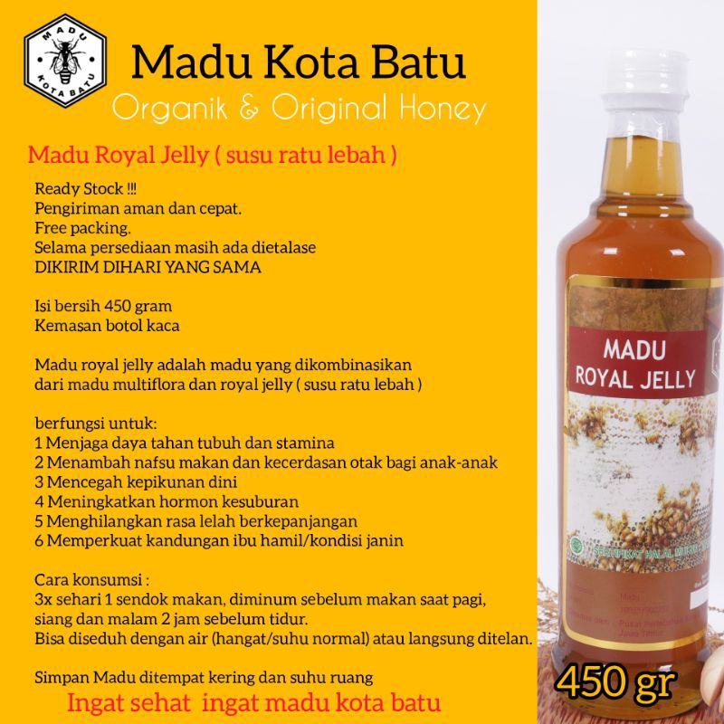 Jual Madu Asli Royal Jelly 2 in 1 (madu + susu ratu lebah) 450 gr botol ...