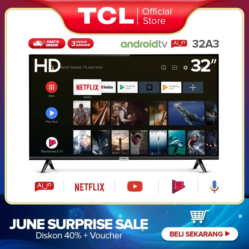 Jual TCL 32 Inch Android Smart LED TV HD Google AI & Dolby Audio (32A3 ...
