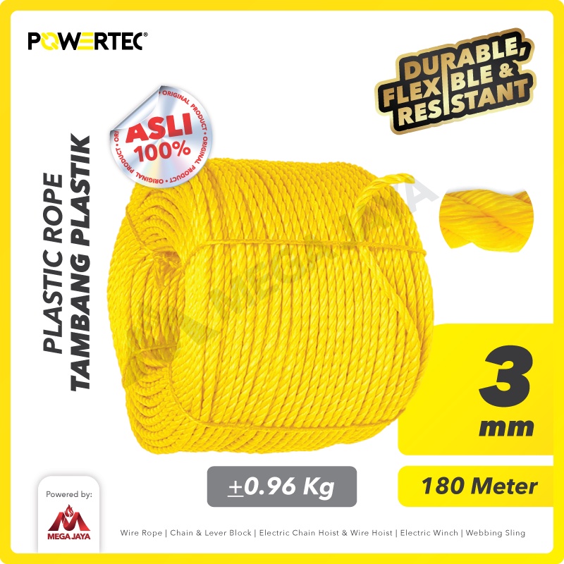 Jual POWERTEC Tali Tambang Plastik 3mm x 180m Plastic Rope - Kuning ...
