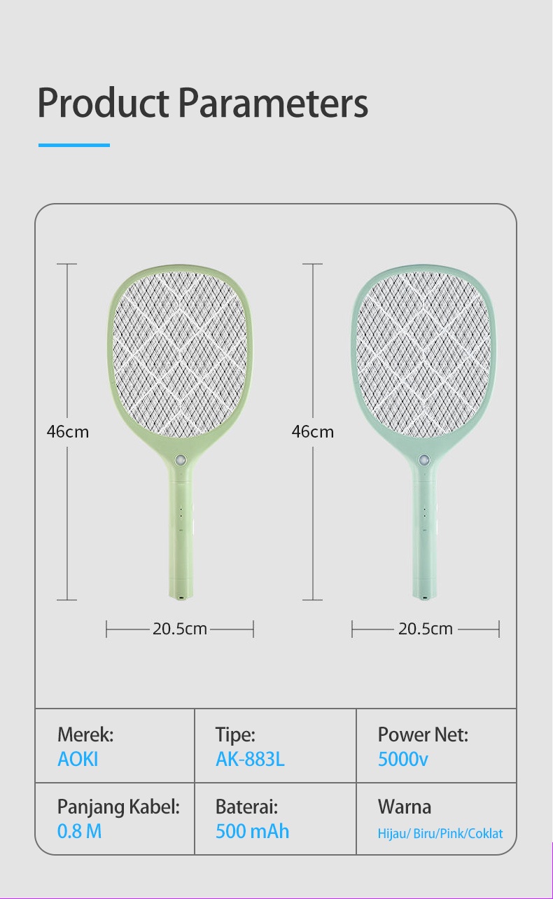 Jual AOKI Raket nyamuk baterai lhitium Kabel Charger warna macaron | Shopee Indonesia