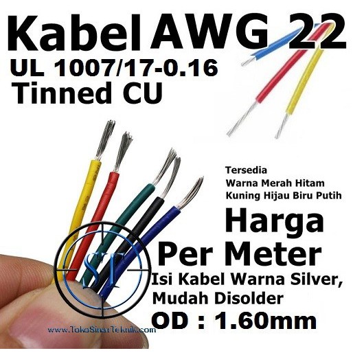 Jual Kabel AWG 22 Tinned CU AWG22 Single Serabut Up To 80 Celcius Per meter 1 Jalur Warna Warni ...