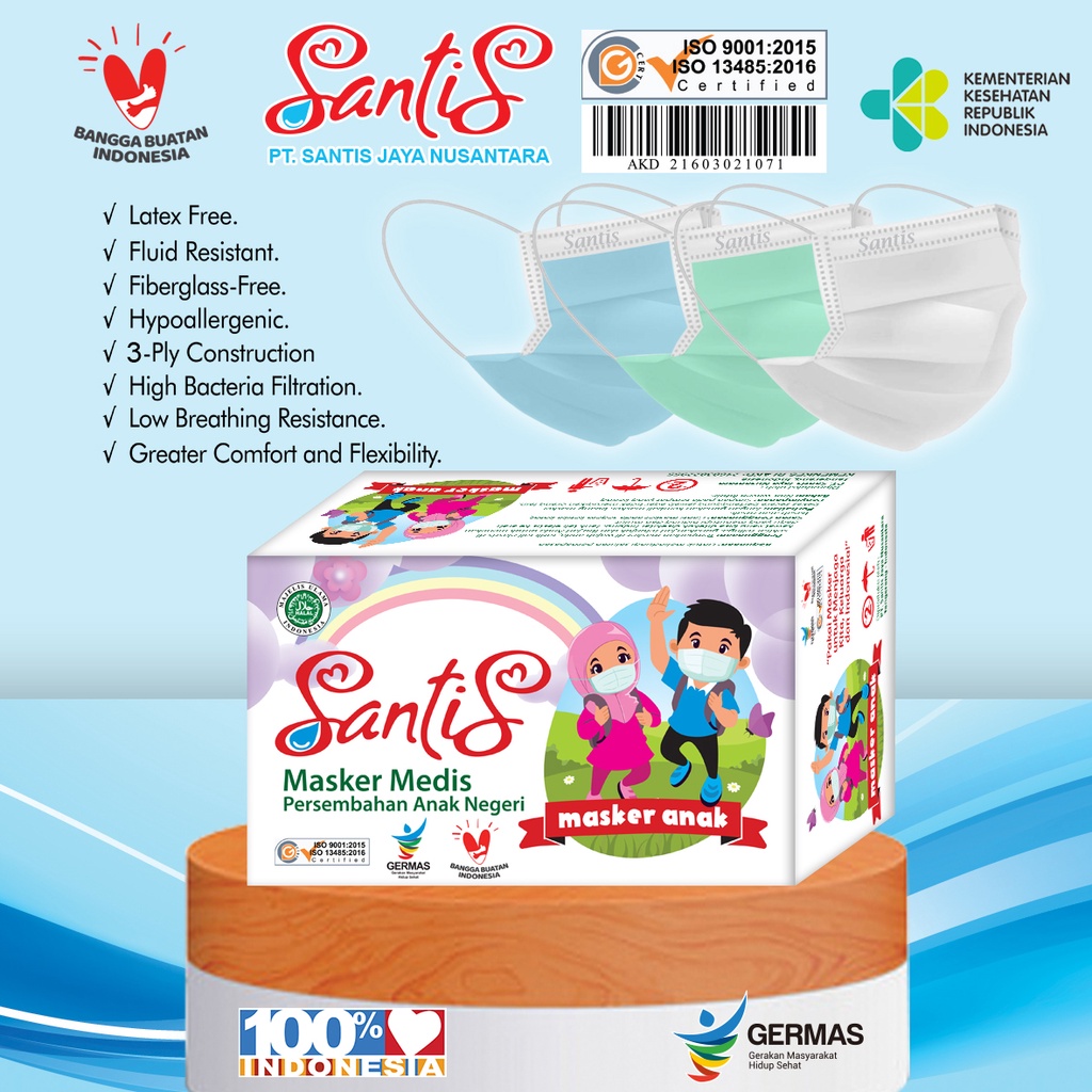 Jual Masker Medis Anak 3 ply SANTIS Warna / Surgical Face Mask Kids ...