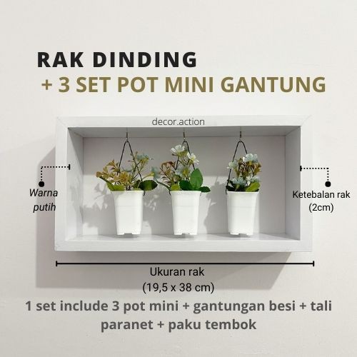 Jual RAK DINDING + 3 SET POT MINI GANTUNG RAK KAYU WARNA PUTIH RAK ...