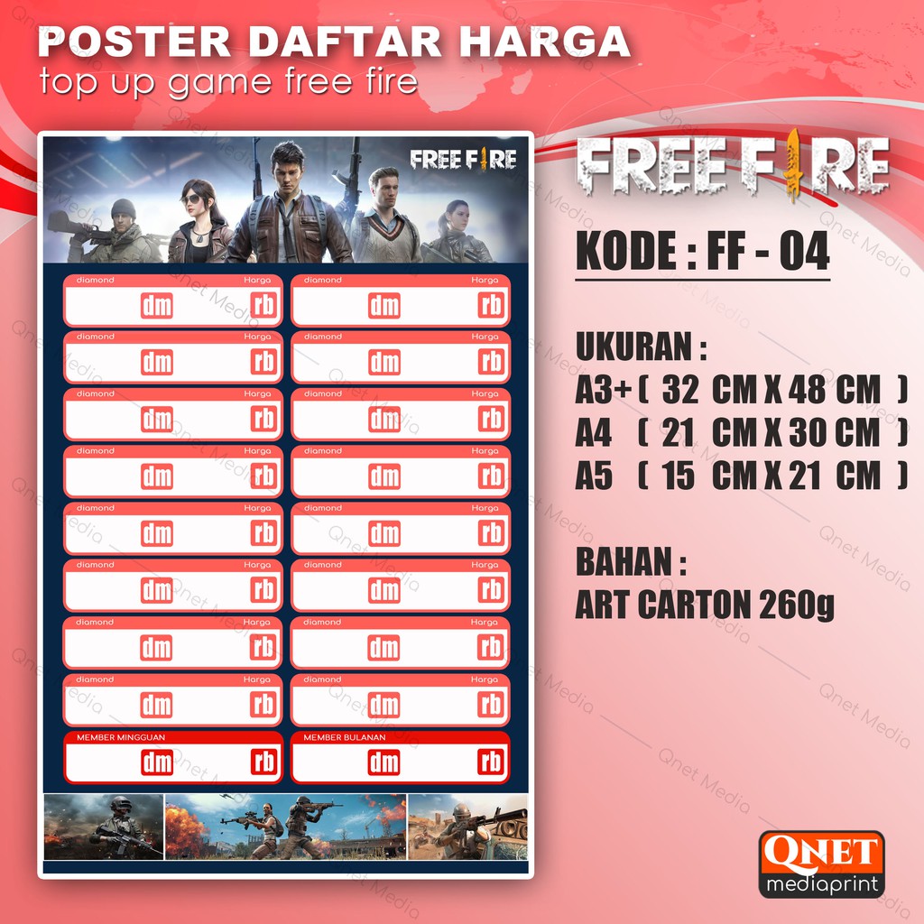 Jual POSTER KONTER DAFTAR HARGA TOP UP GAME FREE FIRE (CUSTOM) | Shopee ...