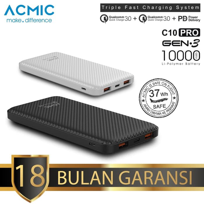 Jual ACMIC C10PRO 10000mAh Power Bank Quick Charge 3.0 PD Power Delivery - Hitam | Shopee Indonesia