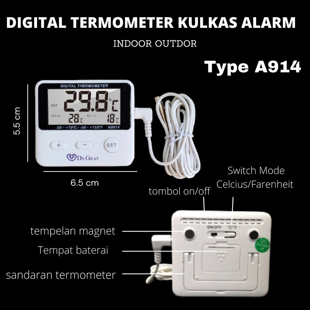 Jual Dr Gray Termometer Digital kulkas Chiller Alarm indoor outdoor ...