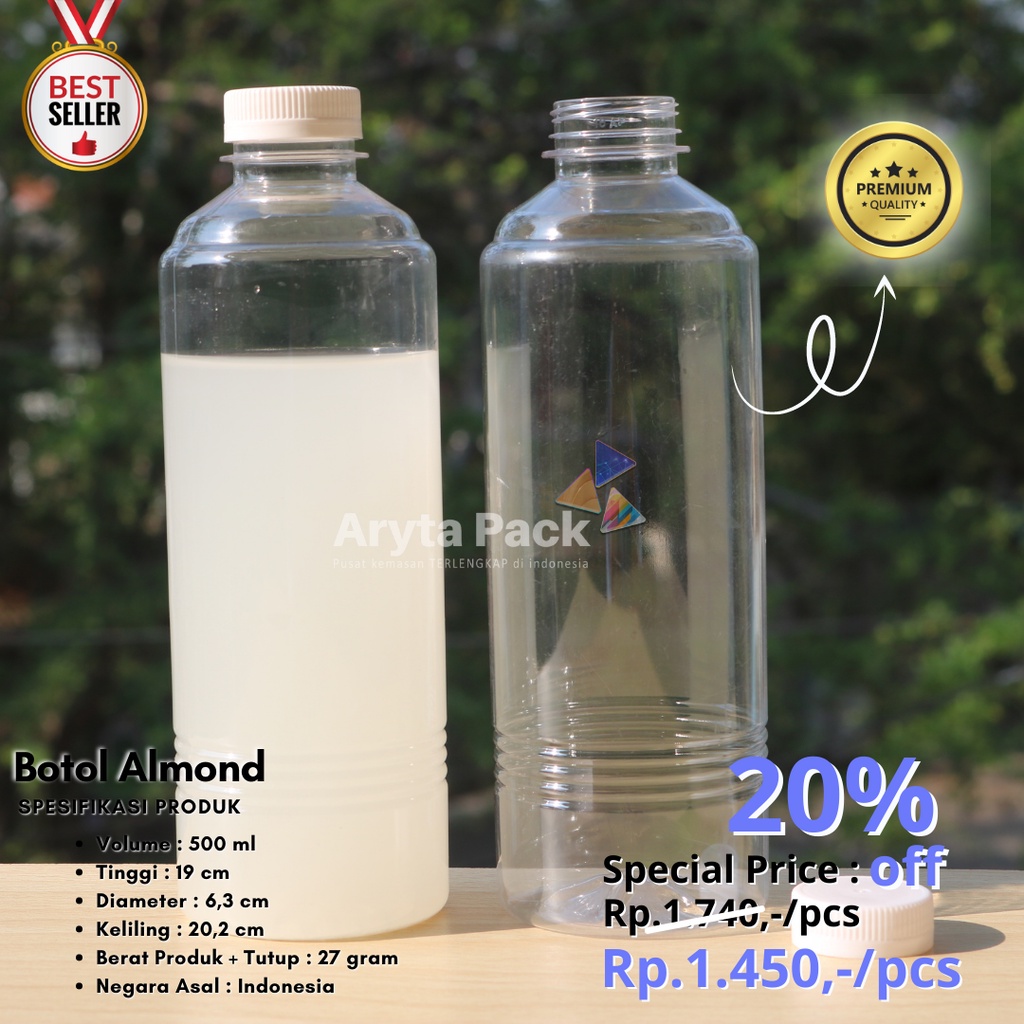 Jual Botol plastik PET 500ml almond bulat minuman mineral jus susu kopi tutup SN warna-warni ...