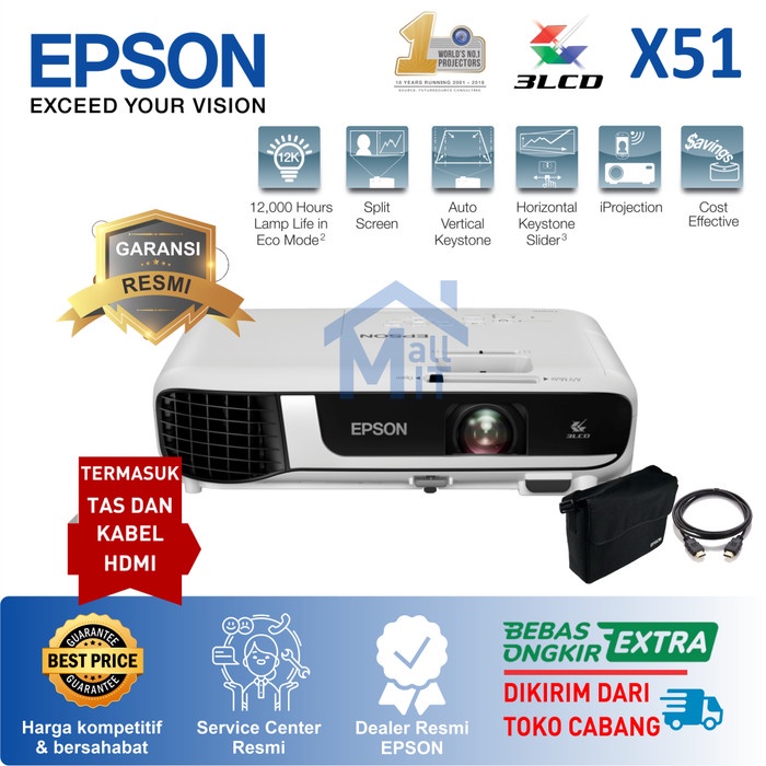 Jual PROYEKTOR EPSON EB-X51 EBX51 EB X51 PENGGANTI EB X450 XGA 3800 LUMENS | Shopee Indonesia