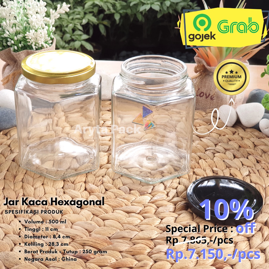 Jual Jar kaca 500ml hexagonal madu glass jar toples tutup kaleng emas ...