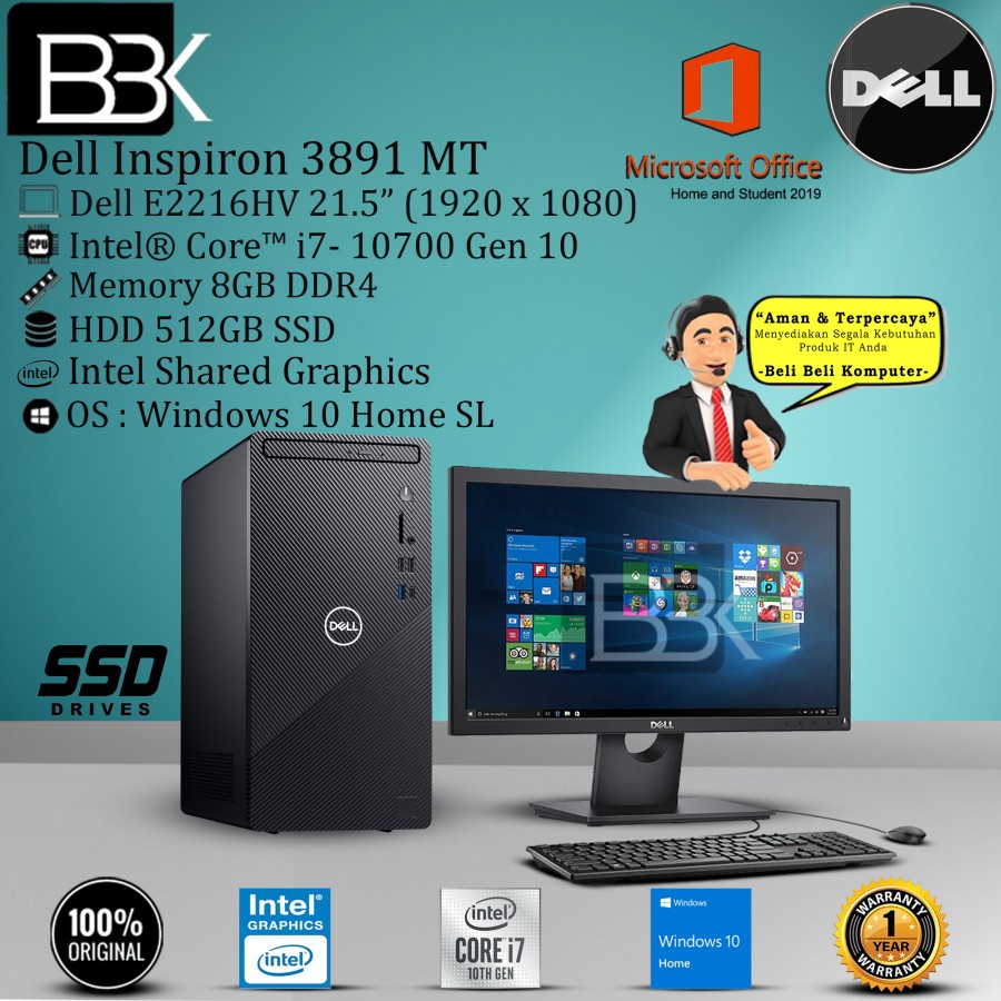 Jual PC Dell Inspiron 3891 MT i7-10700 8GB 512GB W10HSL E2216HV OHS 1YR ...