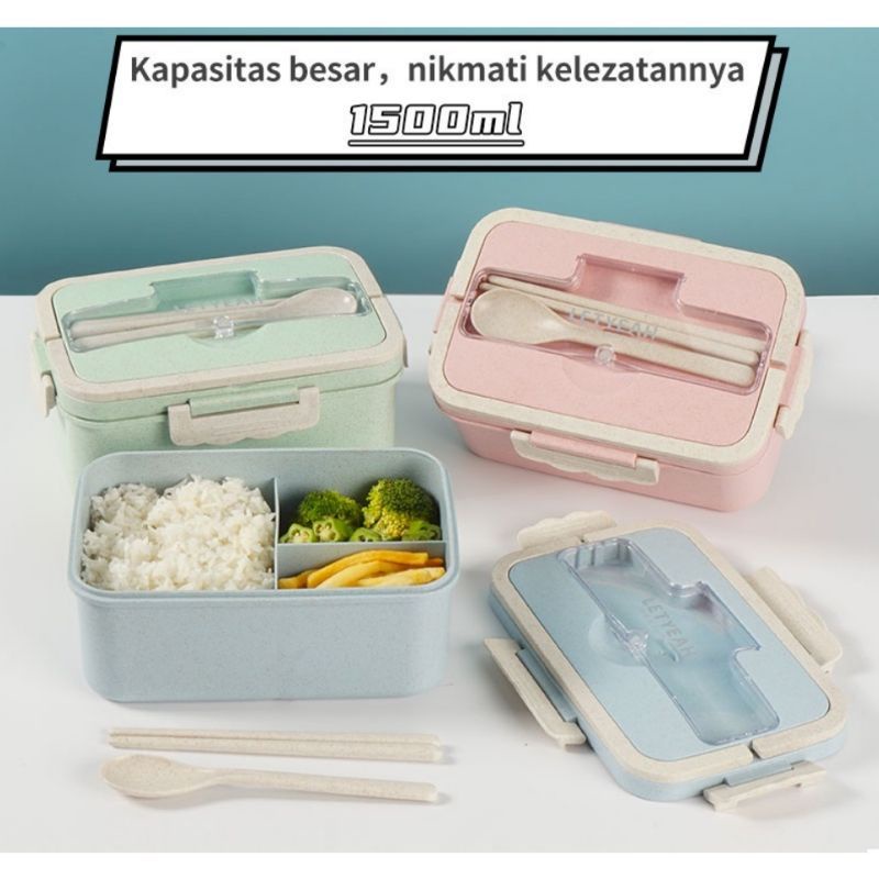 Jual Lunch Box Set 1500ML Kotak Bekal Makan Jerami Gandum Anti Tumpah Free Sendok Garpu - KTM02 ...