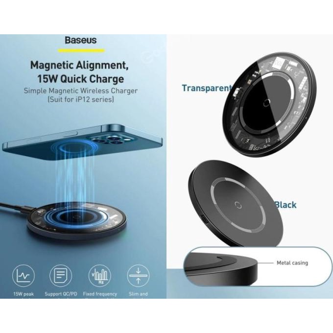 Jual Baseus Simple Magnetic Wireless Charger 15W iPhone 12 ready ship ...