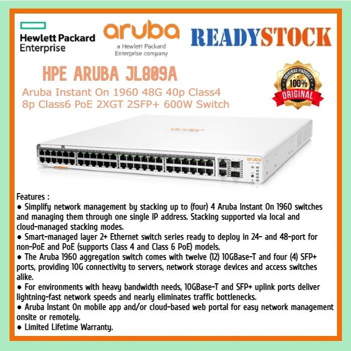 Jual HPE Aruba JL809A Instant On 1960 48G PoE 2XGT 2SFP+ 600W Switch ...
