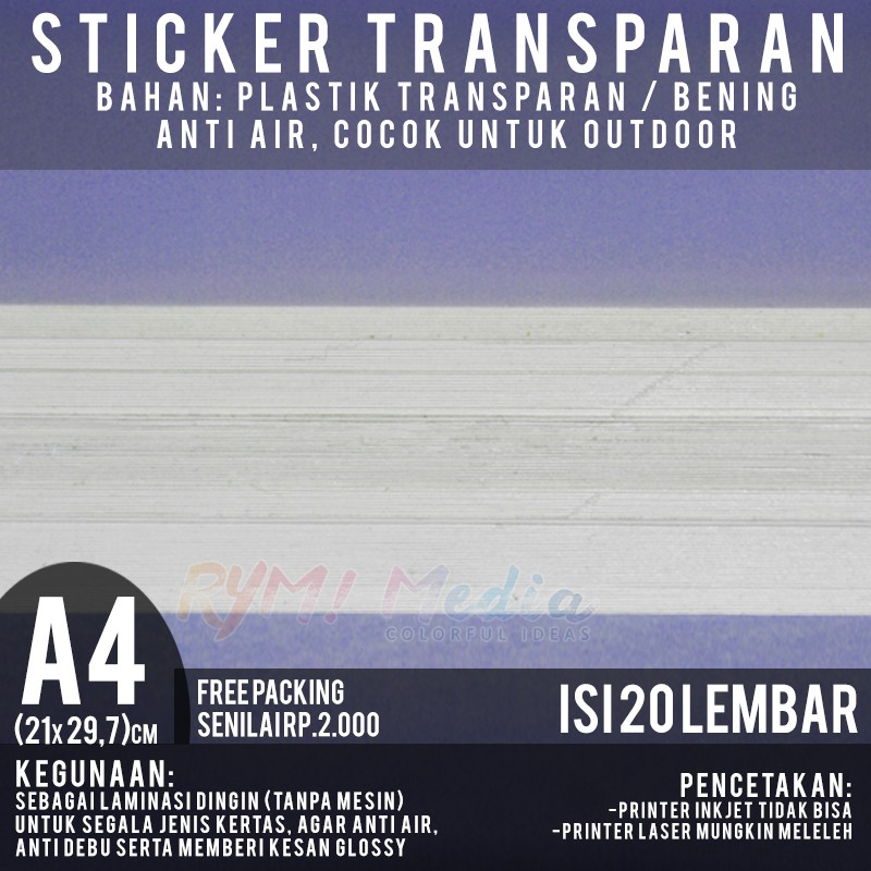 Jual Stiker Transparan A4 isi 20 lbr / Kertas Sticker Transparant ...