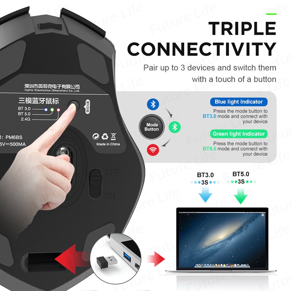 Jual INPHIC PM-6 Mouse Wireless Bluetooth Rechargeable 2.4G Office ...