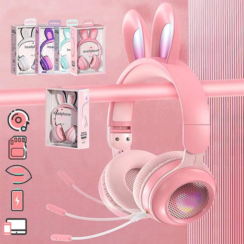 Jual Bluetooth Headphone RGB LED Lights Microphone Telinga Kelinci ...