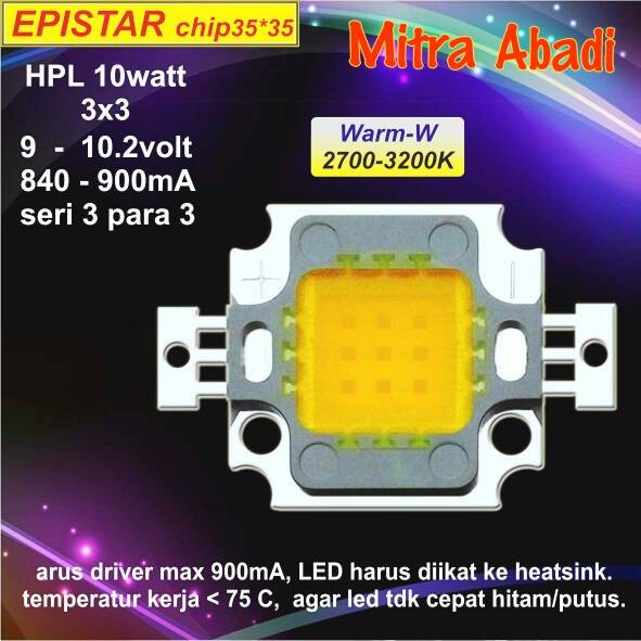 Jual HPL 10W EPISTAR ORI 35x35 Warm White 2700-3200K 9-10,2V 3x3 840 ...