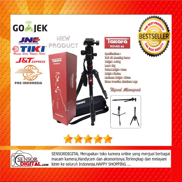 Jual Takara Rover 66 Ball Head Tripod Monopod 2-in1 with Bag - Hitam ...