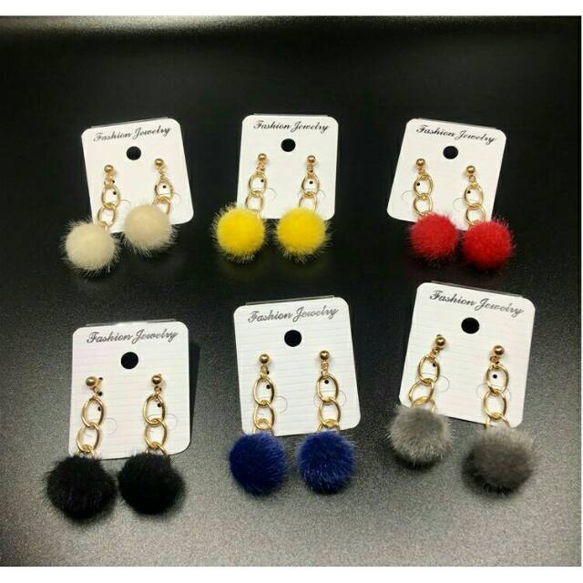Jual jual murah anting korea pompom hollow chain hair ball earrings ...