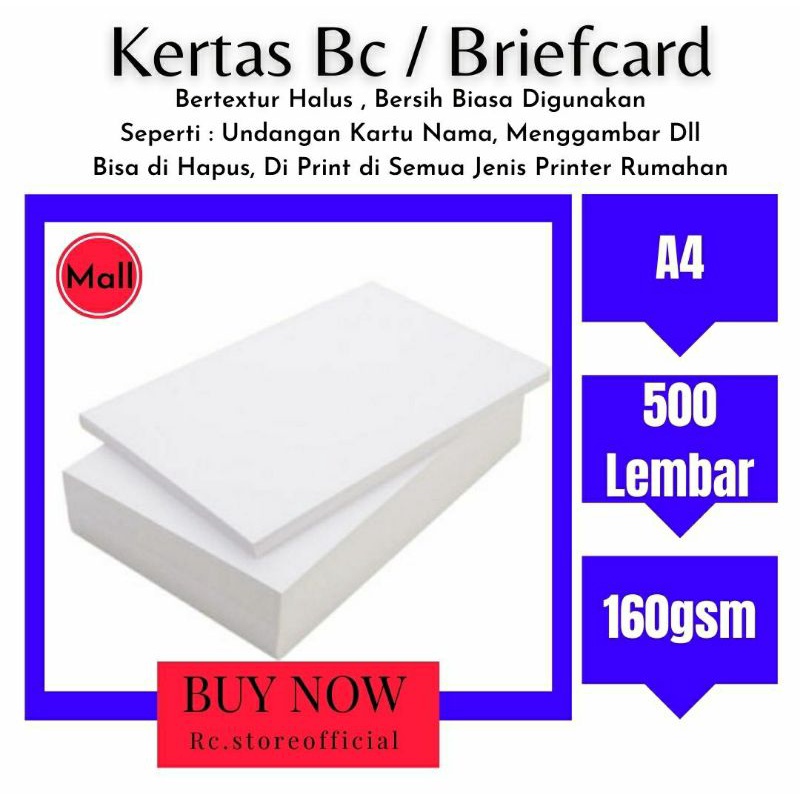 Jual [ 500 Lembar A4 hight quality ] Kertas Bc / Briefcard 160gsm putih ...